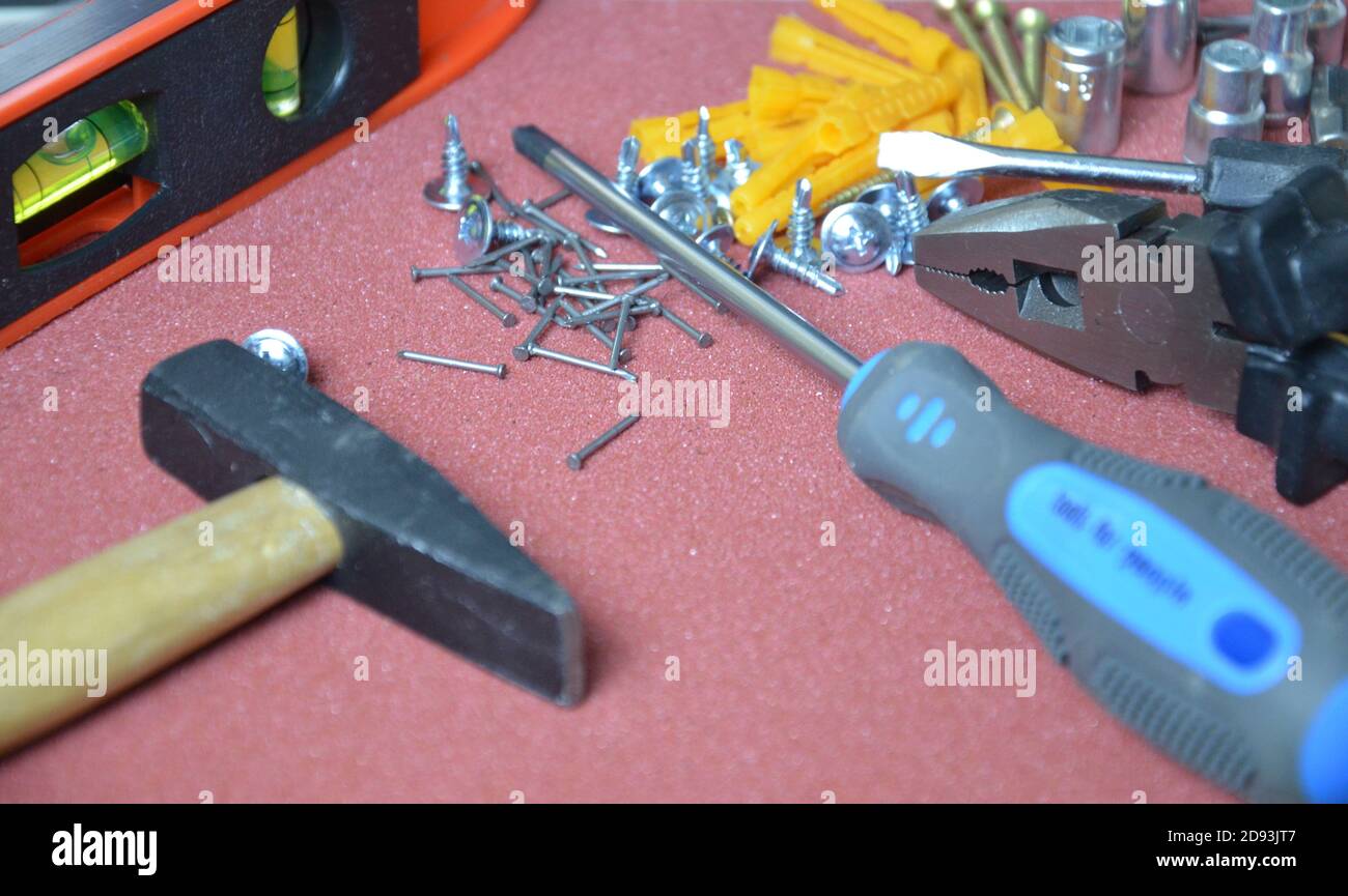 Top view of Working tools,wrench,socket wrench,hammer,screwdriver,plier ...
