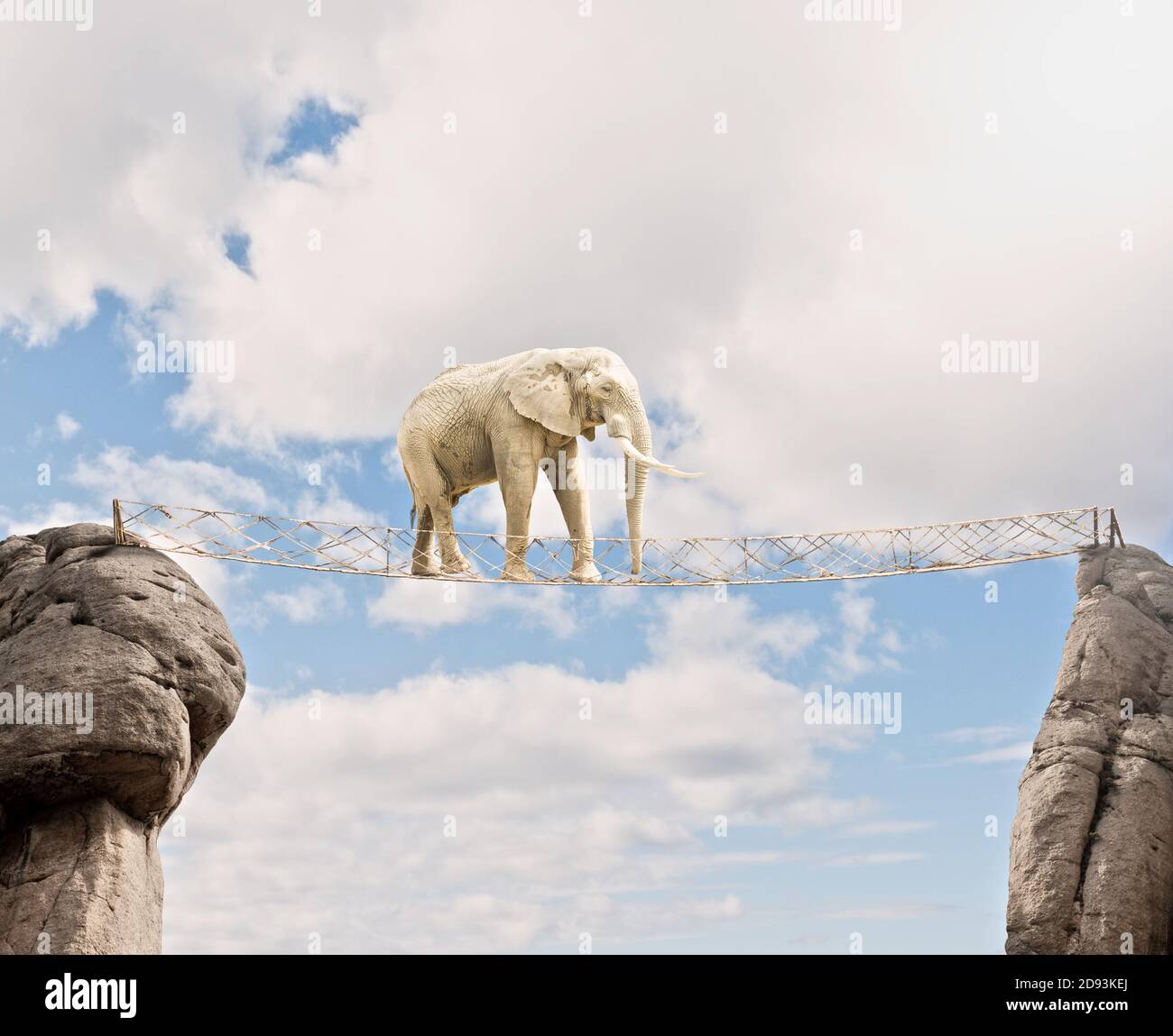 elephant walking througa wooden bridge on a cloudy sky Stock Photo - Alamy