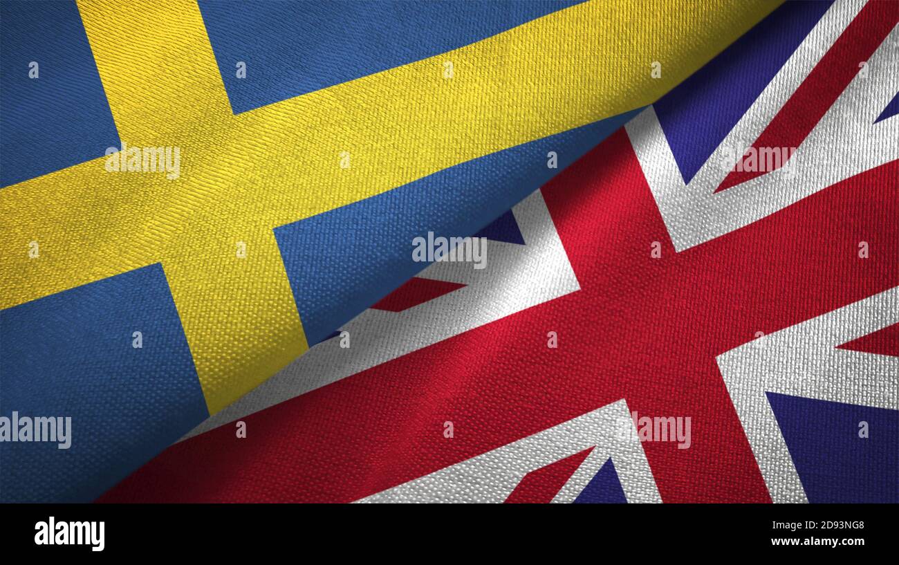 Sweden and United Kingdom two flags textile cloth, fabric texture Stock ...