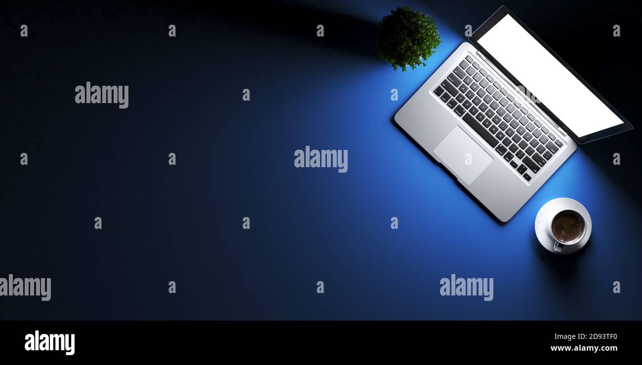 Top view of laptop concept with blue desk concept background 3D ...