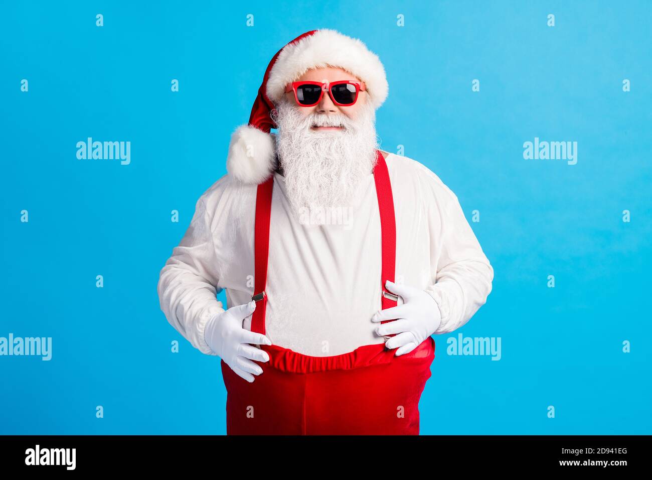 Photo of modern trendy fat santa claus touch hands big stomach x-mas ...