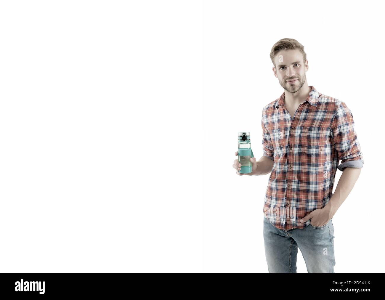 Stop your thirst. Thirsty guy hold water bottle isolated on white ...