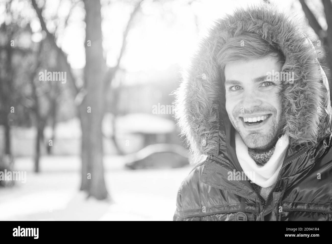 Winter favorable weather conditions. Sunny winter day. Winter menswear ...