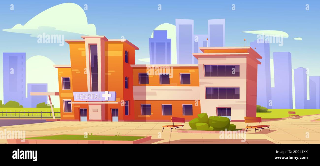 Hospital building, town clinic. Vector cartoon cityscape with exterior ...
