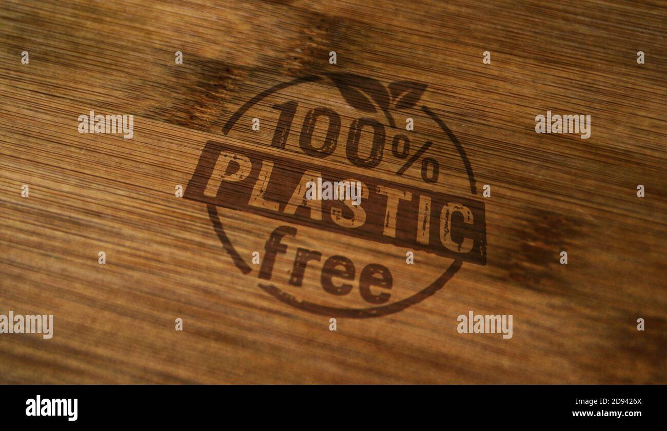 Plastic free 100% stamp printed on wooden box. Ecology, nature, eco ...
