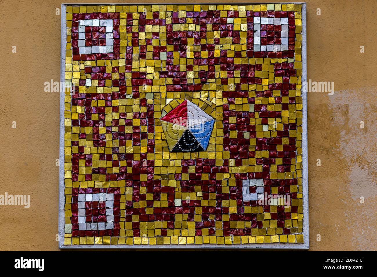 RAVENNA, ITALY - MAY 6, 2019:sun light is enlightening mosaic qr code ...