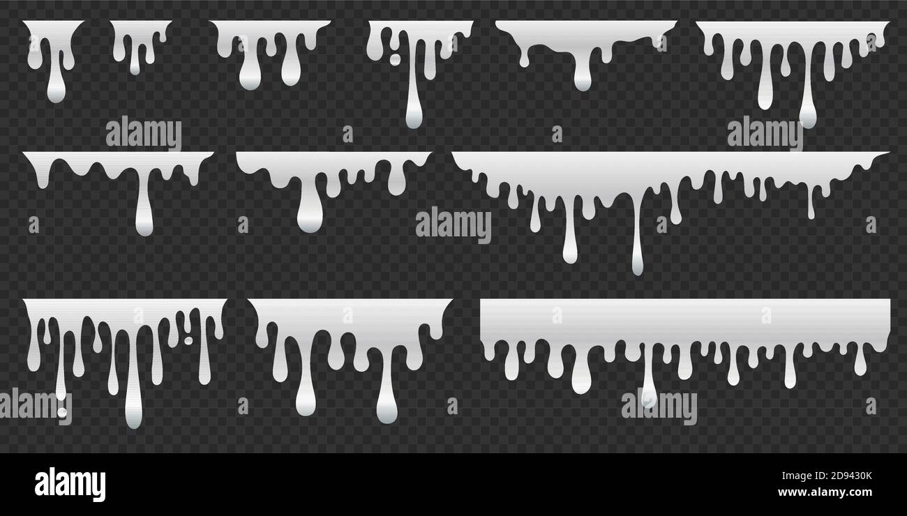 Silver dripping paint, melting chrome metal or drip of gray oil. Set of ...