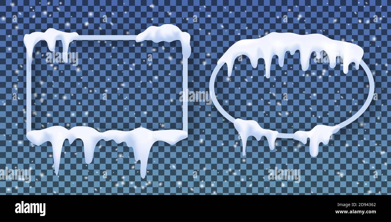 Transparent frames covered with realistic snow capped. Frozen winter ...