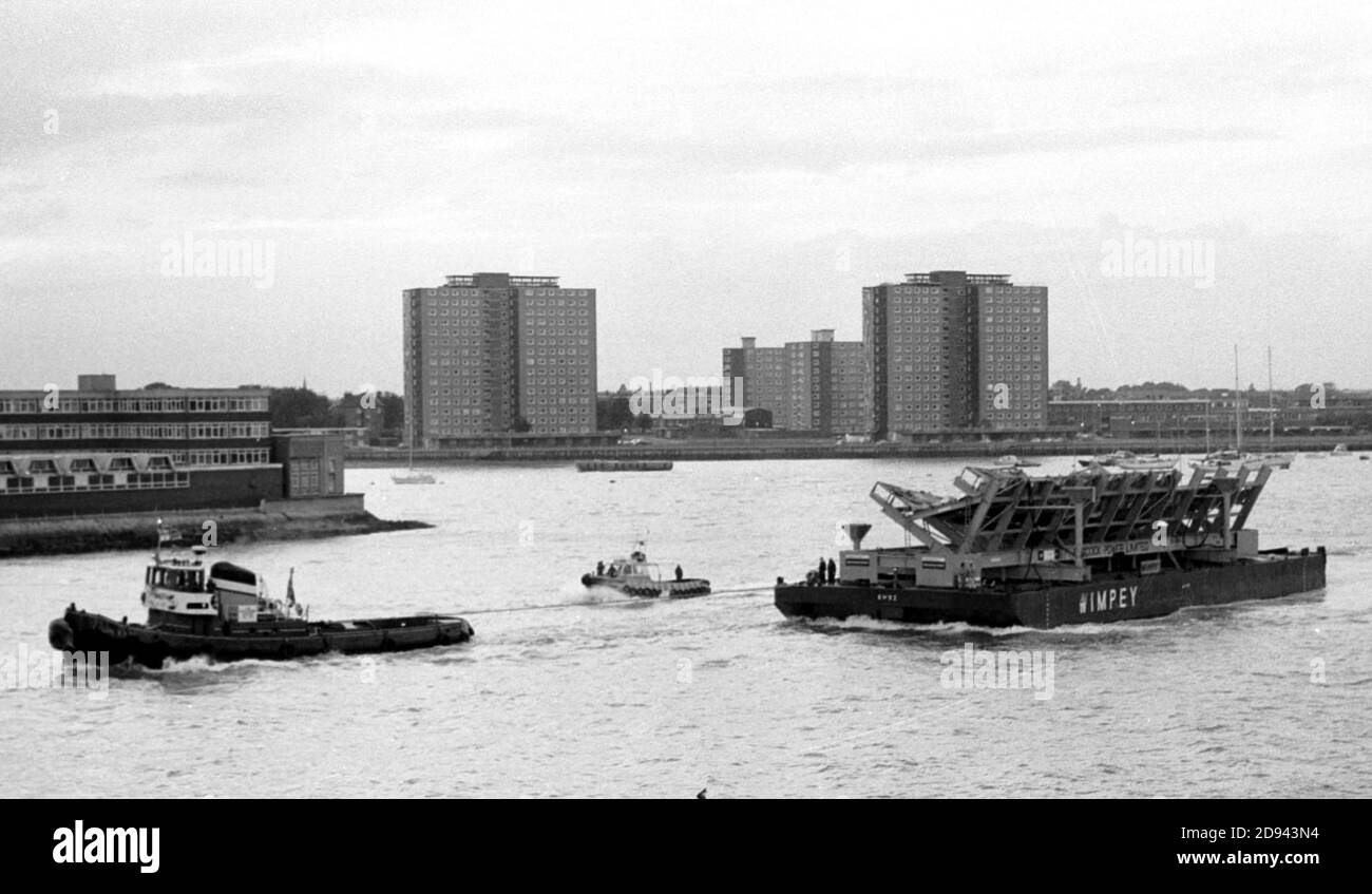 THE FRAME TO BE USED TO RAISE THE MARY ROSE IS TOWED OUT OF PORTSMOUTH ...