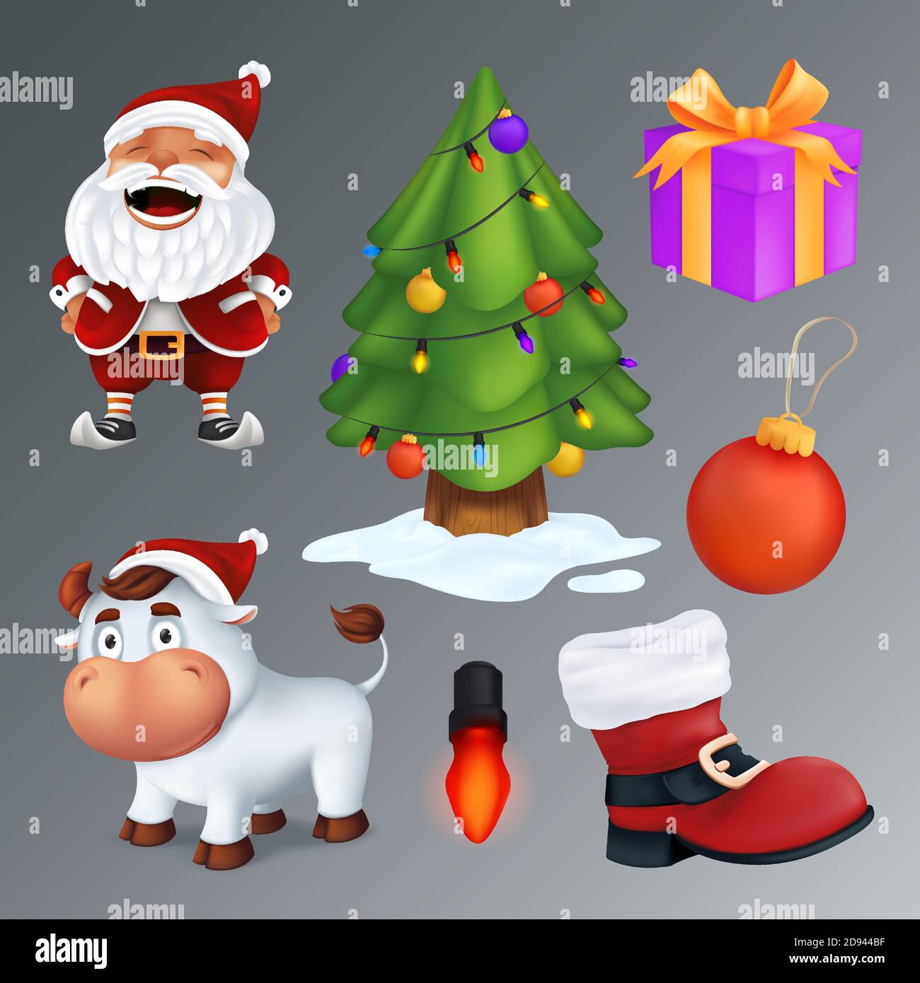 Christmas set includes a tree, gift box, red boot, garland lamp, ball ...