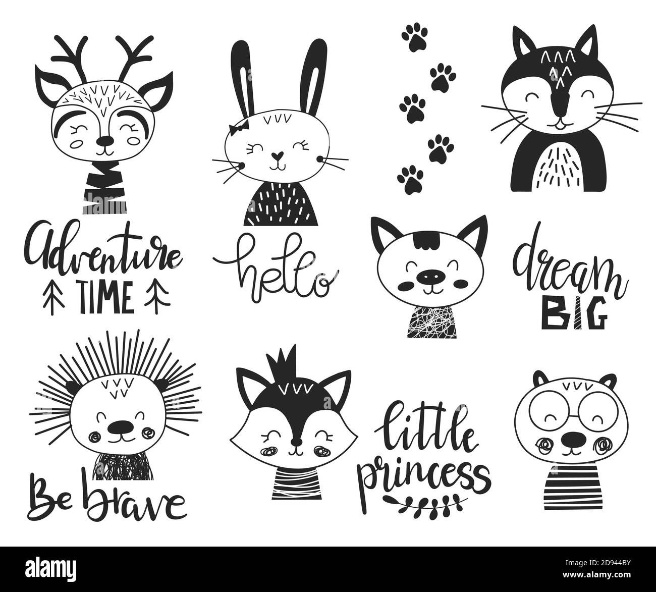 Set of cute handdrawn monochrome animals in scandinavian style with ...