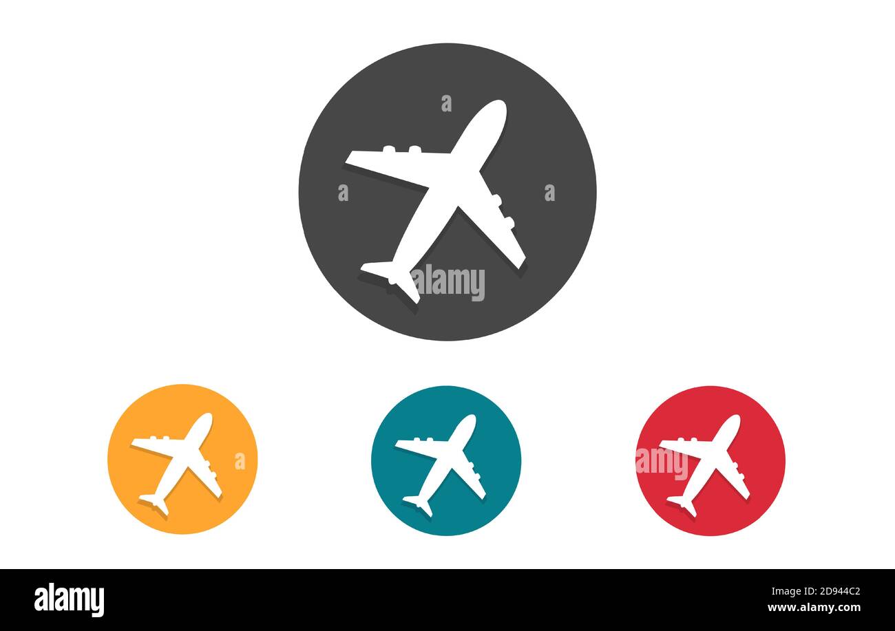 Plane icon. Flight transport symbol. Colored circle buttons with flat ...