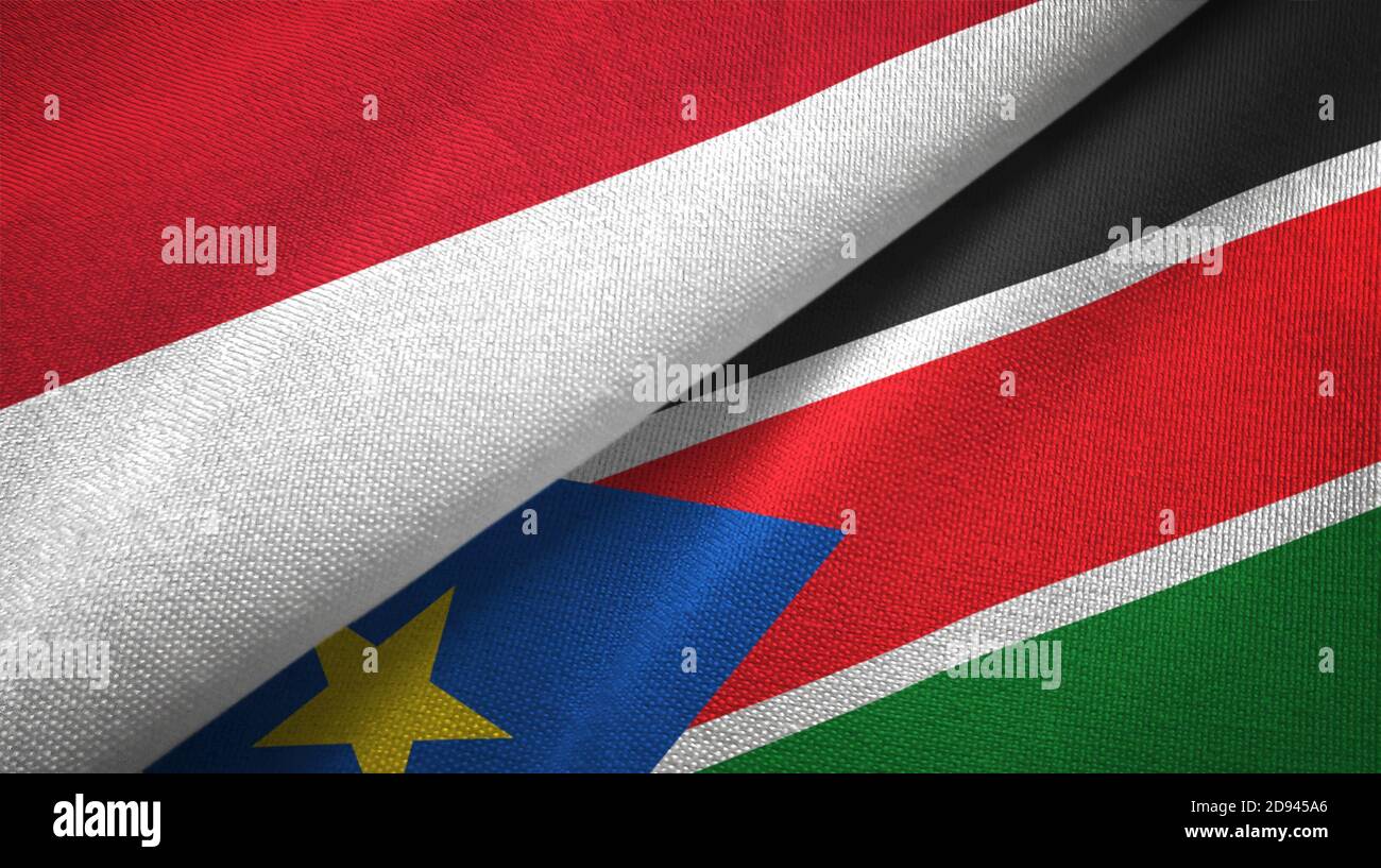 Indonesia and South Sudan two flags textile cloth, fabric texture Stock ...