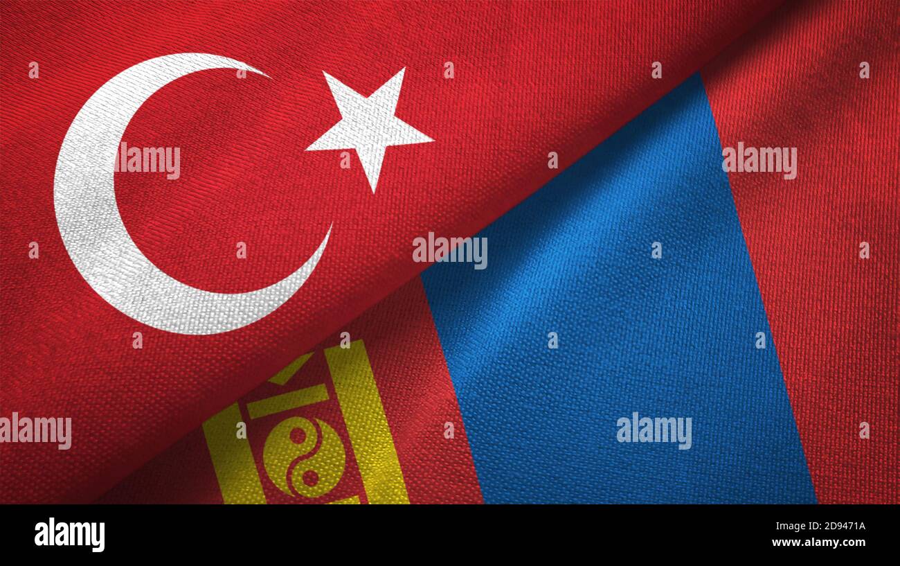Turkey and Mongolia two flags textile cloth, fabric texture Stock Photo ...