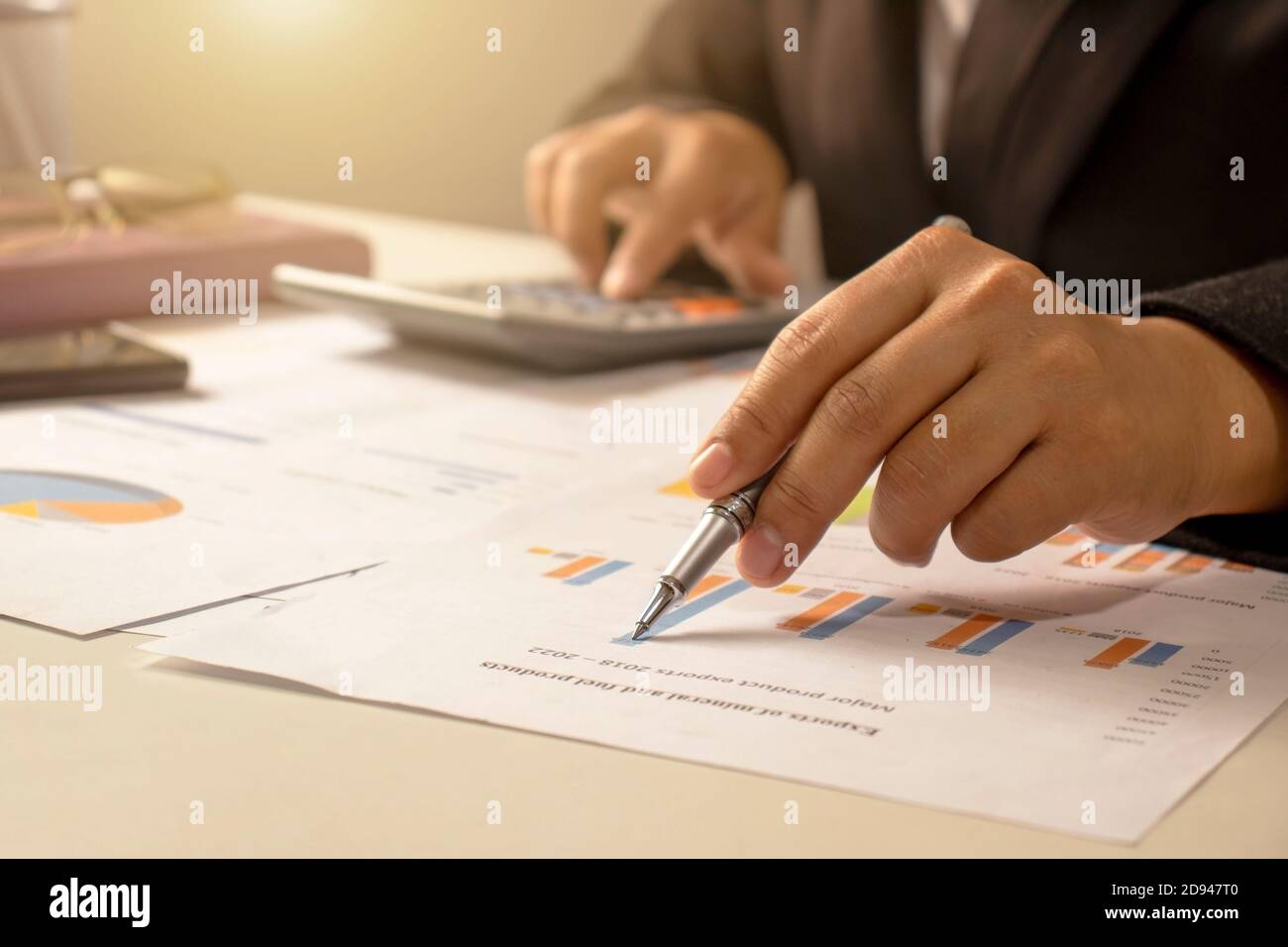 Businessmen are reviewing reports, financial documents for financial ...