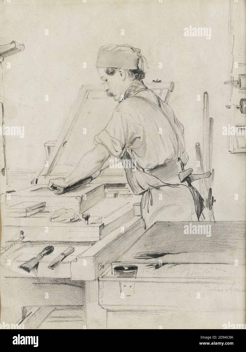 Julius Adam Selbstbildnis als Lithograf in der Werkstatt Stock Photo ...