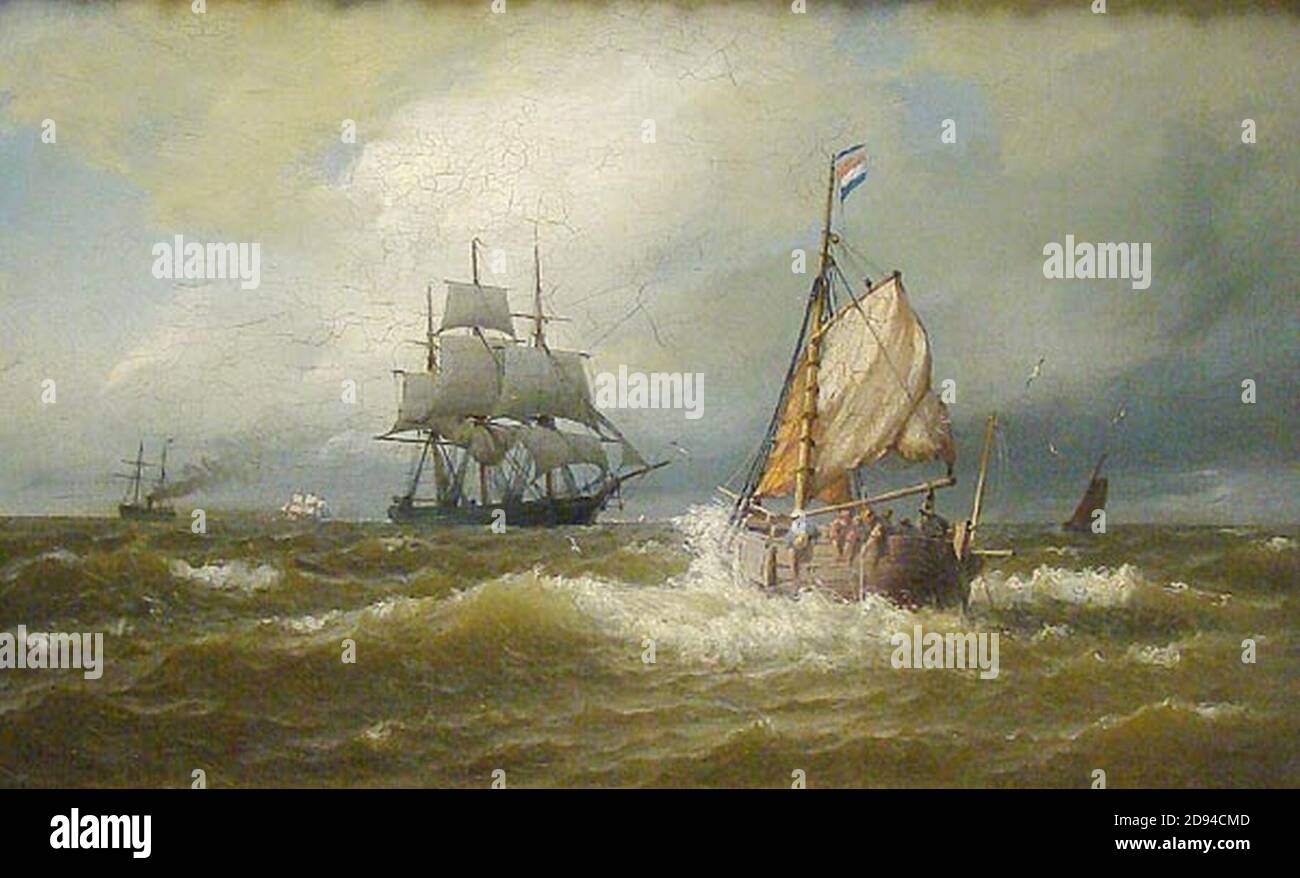 Julius Huth - Segel-und Fischerboote auf bewegter See in der Dämmerung ...