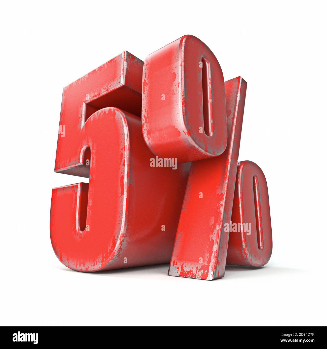 Metal red colored grunge 5 percent sign 3D render illustration isolated ...