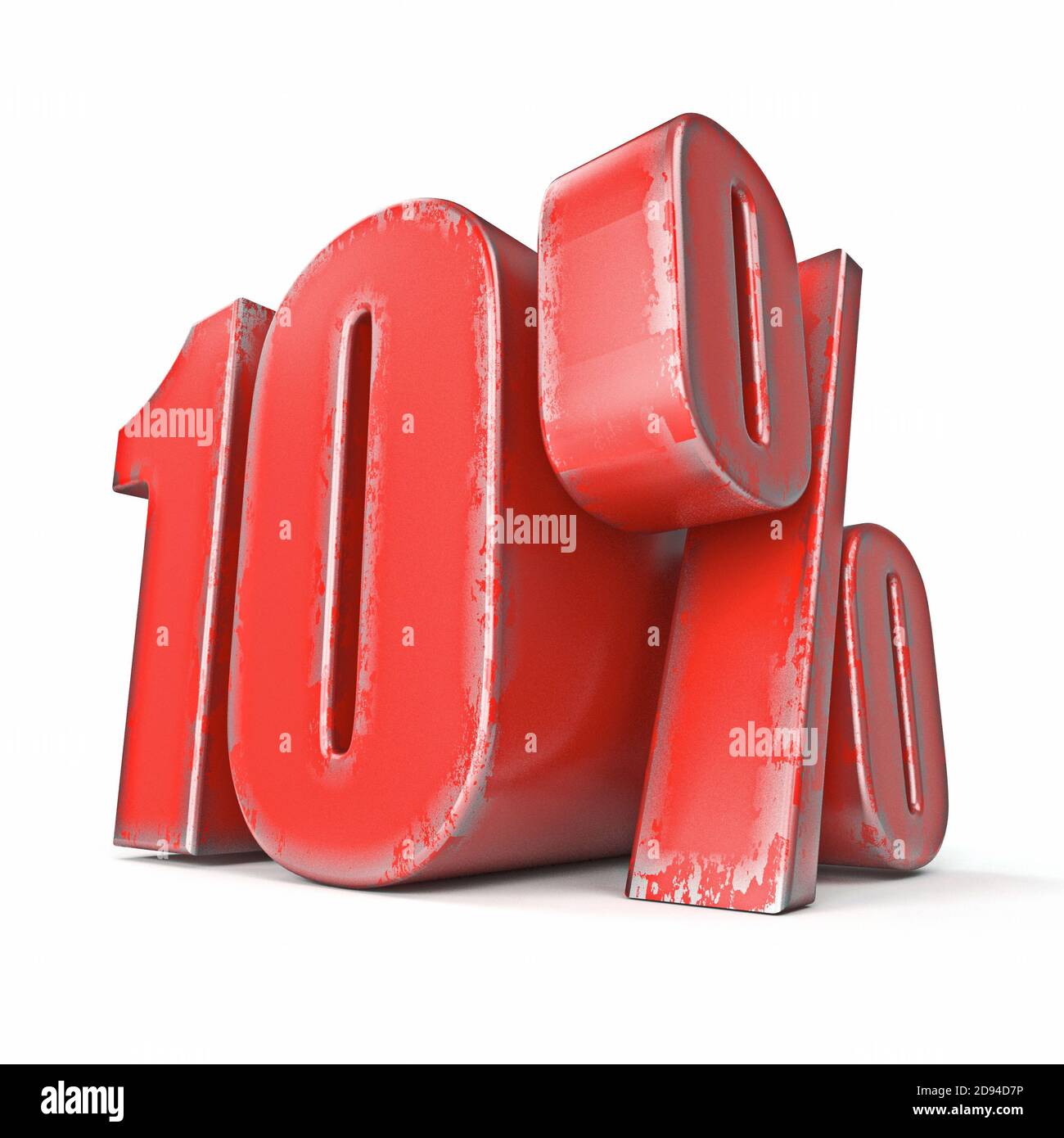 Metal red colored grunge 10 percent sign 3D render illustration ...