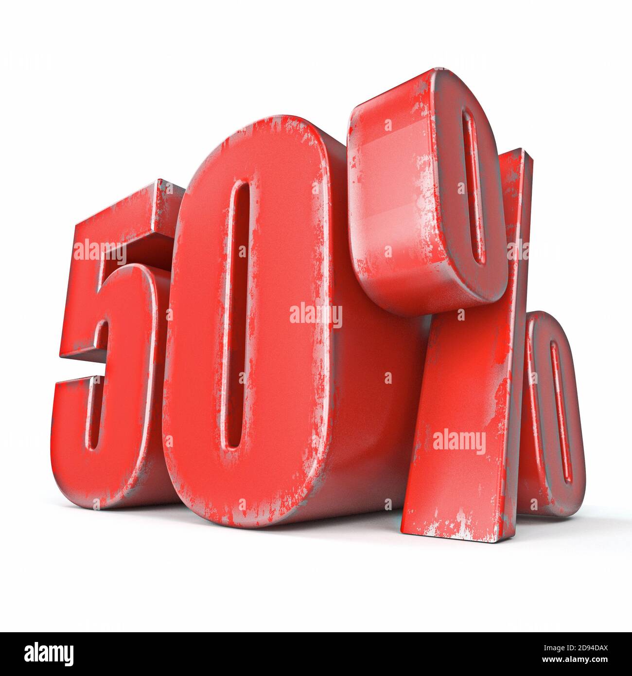 Metal red colored grunge 50 percent sign 3D render illustration ...