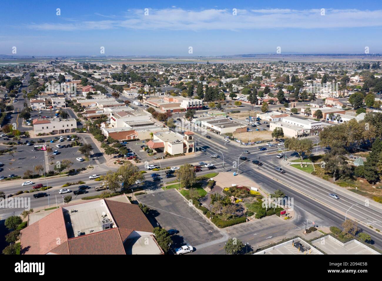 Aerial view of Main and Broadway in downtown Santa Maria, California ...