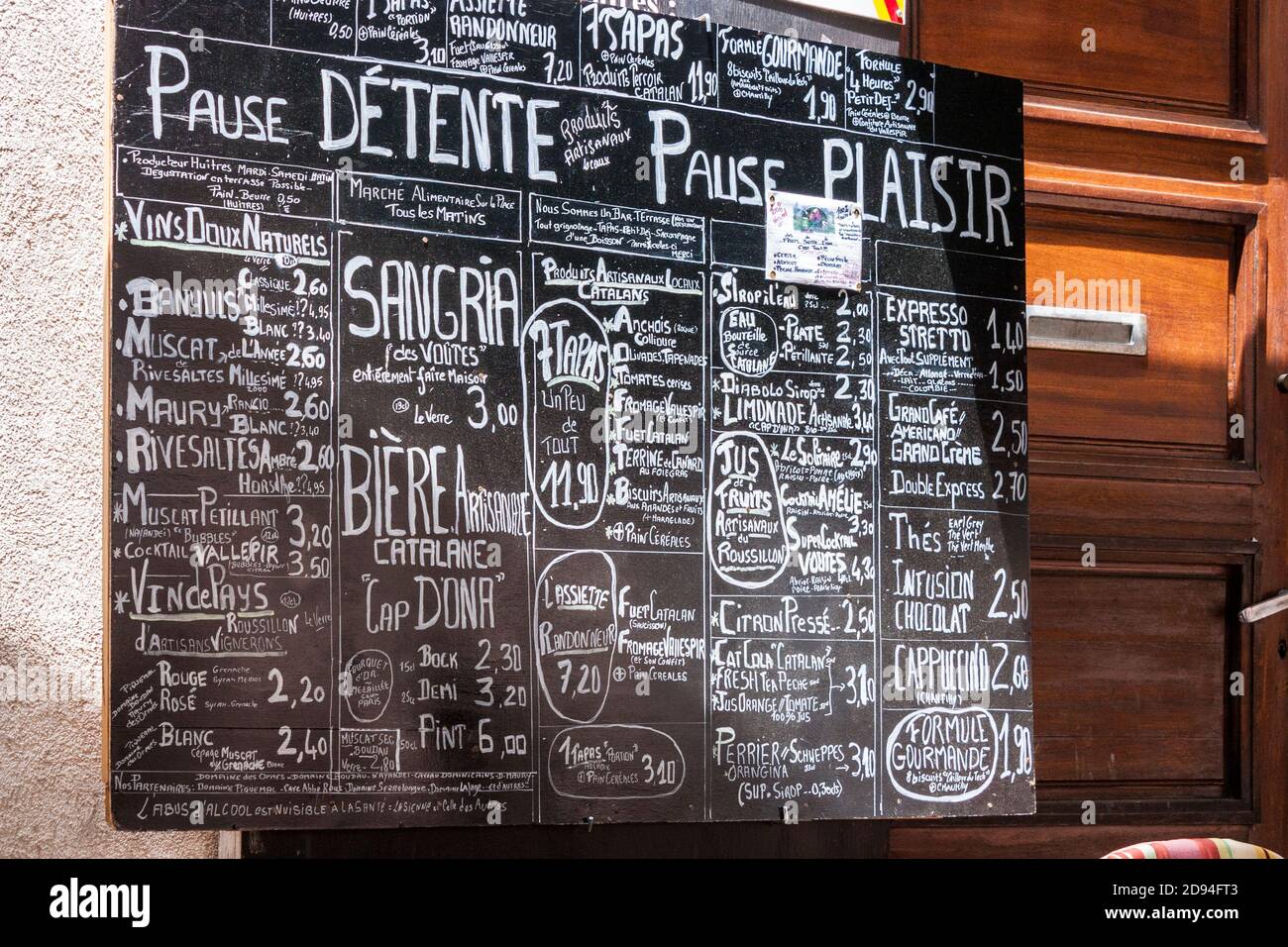 Chalkboard menu outside cafe in Amelie les Bains, France, Europe Stock ...