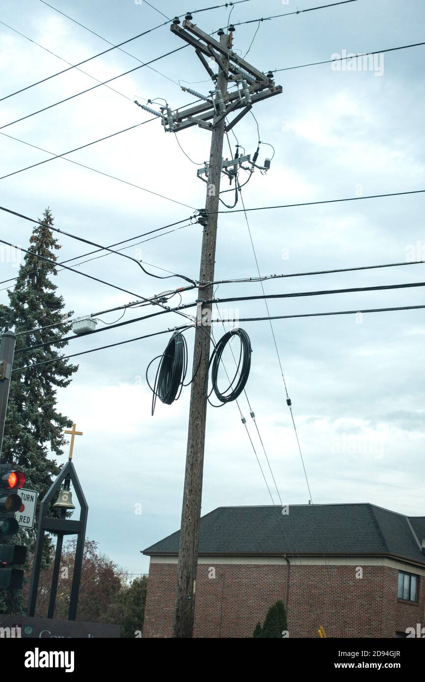 Complex set of wiring on a telephone pole. Lindstrom Minnesota MN USA ...