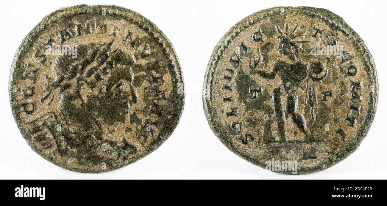Closeup of an ancient Roman copper coin of Emperor Constantine I Magnus ...