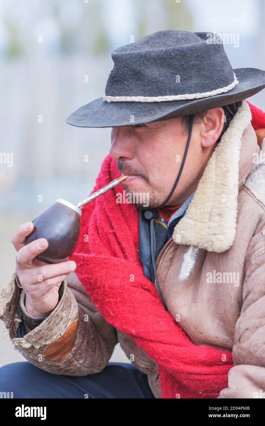 Cowboy drinking mate tea, Torres del Paine National Park, Patagonia ...