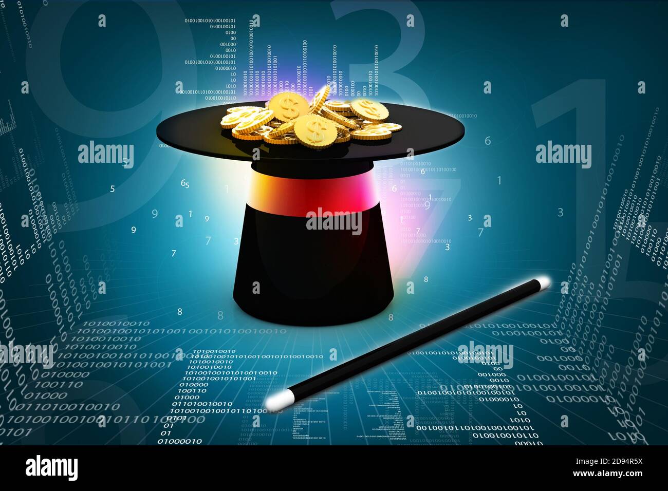 Digital illustration of magic hat and wand with dollar coins in white ...