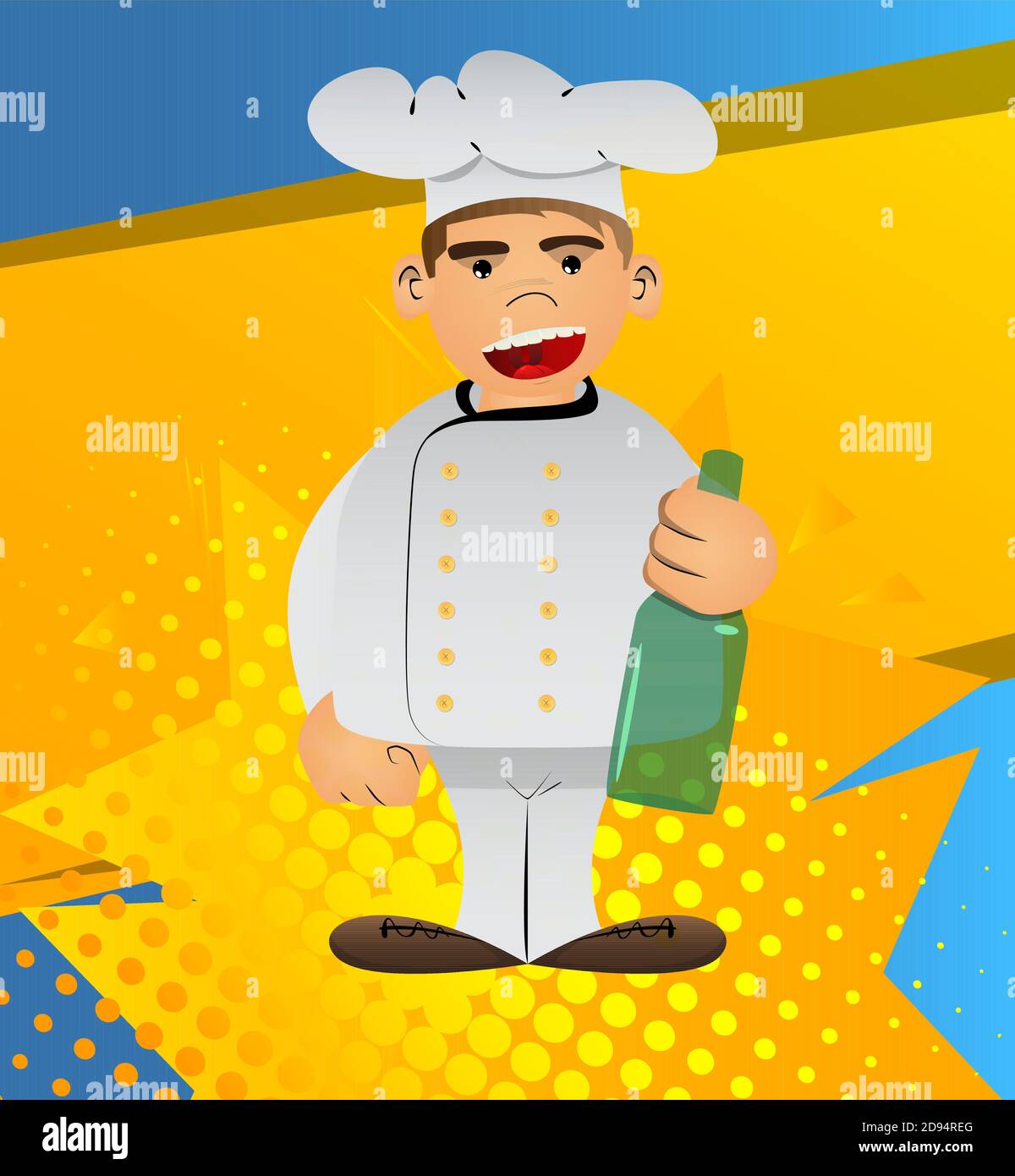 Fat male cartoon chef in uniform holding a bottle. Vector illustration ...