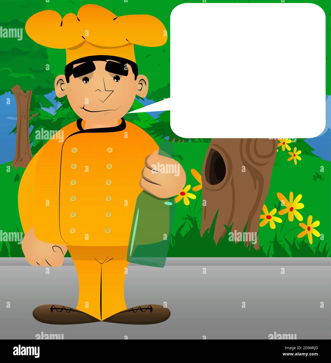 Fat male cartoon chef in uniform holding a bottle. Vector illustration ...