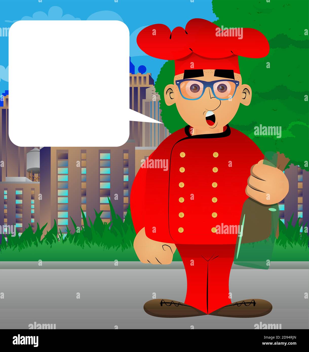 Fat male cartoon chef in uniform holding a bottle. Vector illustration ...