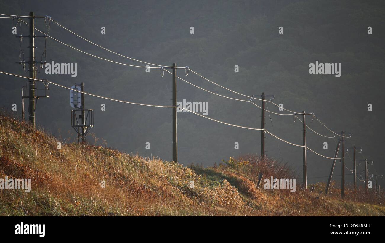 Utility poles and wires running alongside a rural railroad Stock Photo ...
