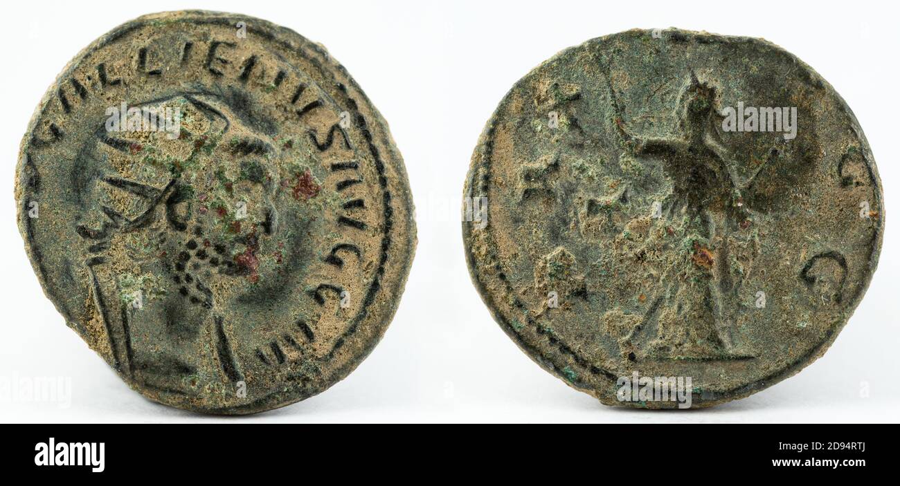 Macro shot of an ancient Roman copper coin of Emperor Gallienus Stock ...