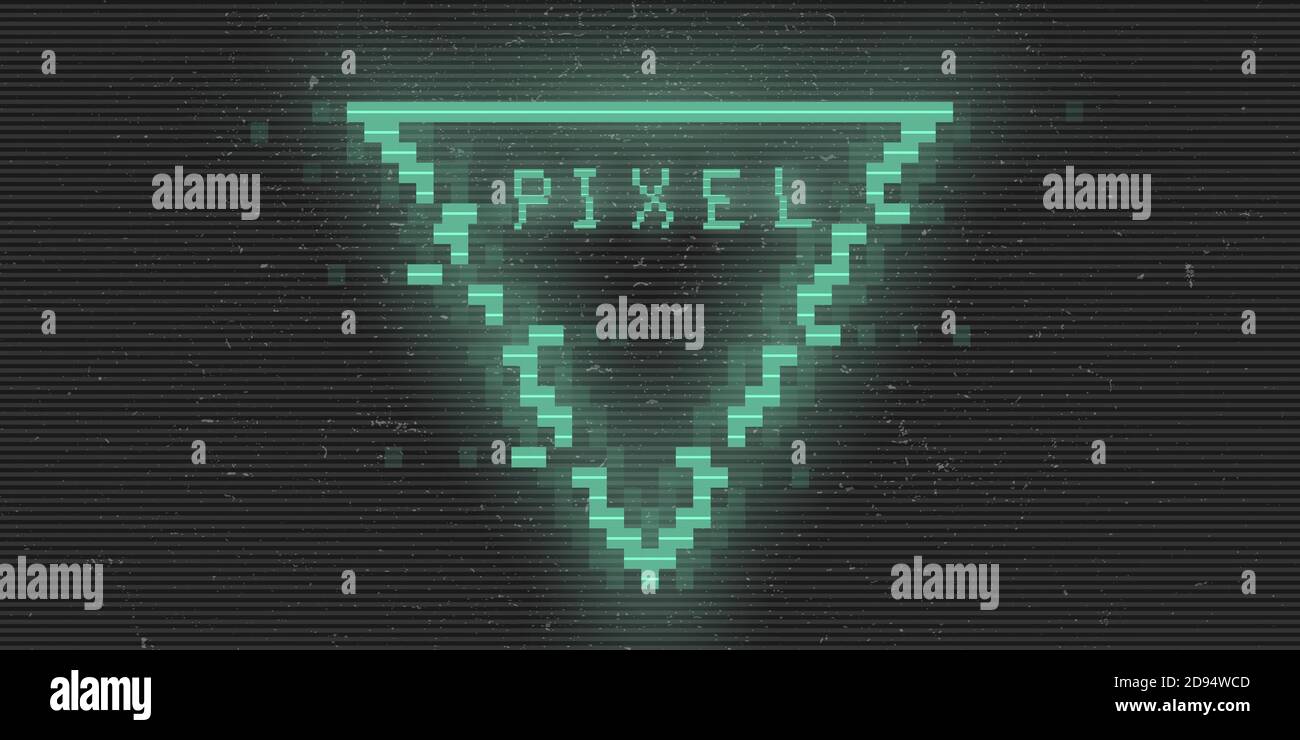 Triangle cyberpunk glitch pixel rhombus. Green glowing digital triangle ...