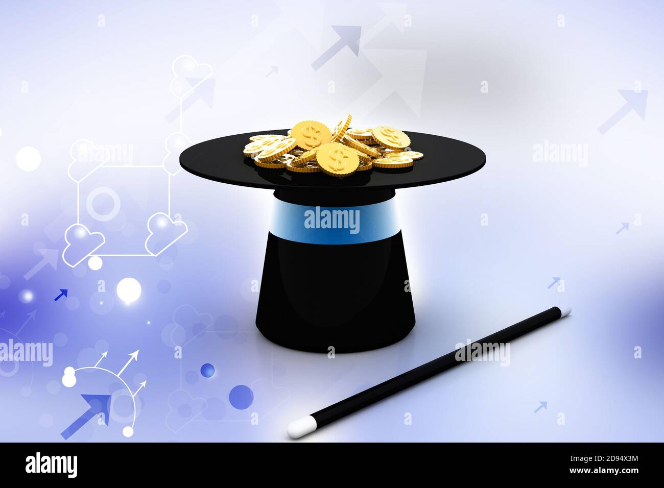 Digital illustration of magic hat and wand with dollar coins in color ...