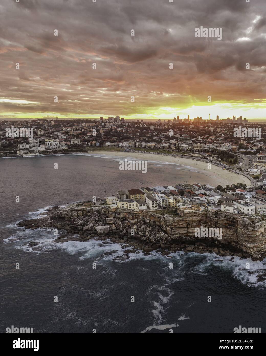 Vertical aerial view of a majestic cityscape of Bondi Beach in Sydney ...