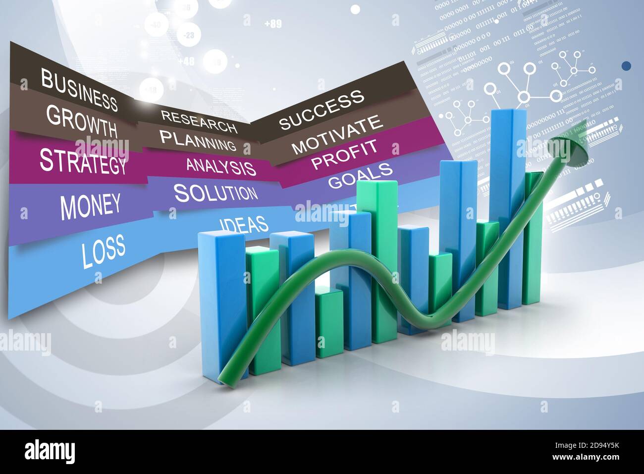 Digital illustration of business graph with arrow showing growth and ...