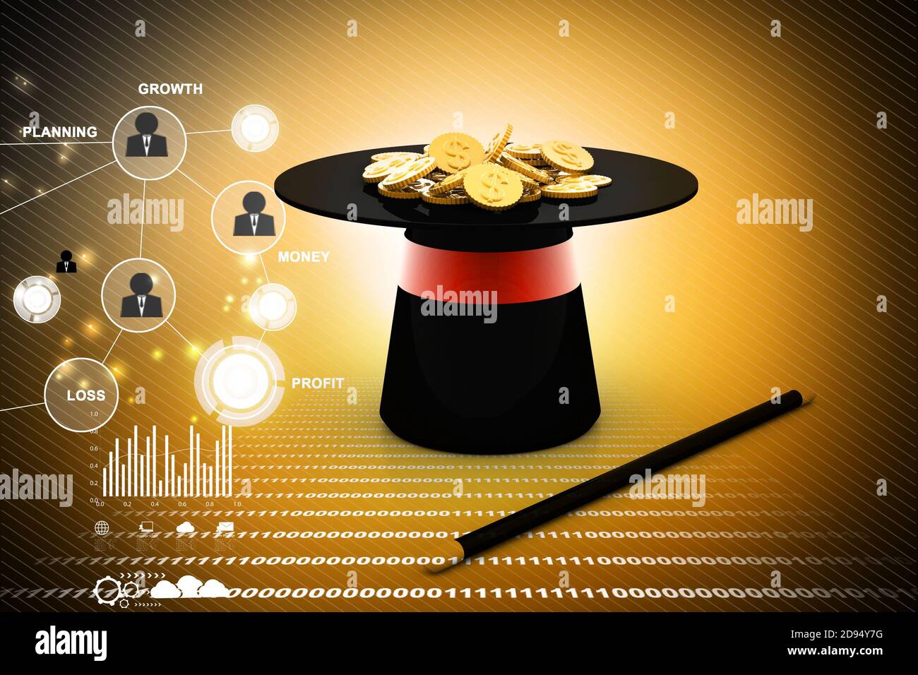 Digital illustration of magic hat and wand with dollar coins in color ...