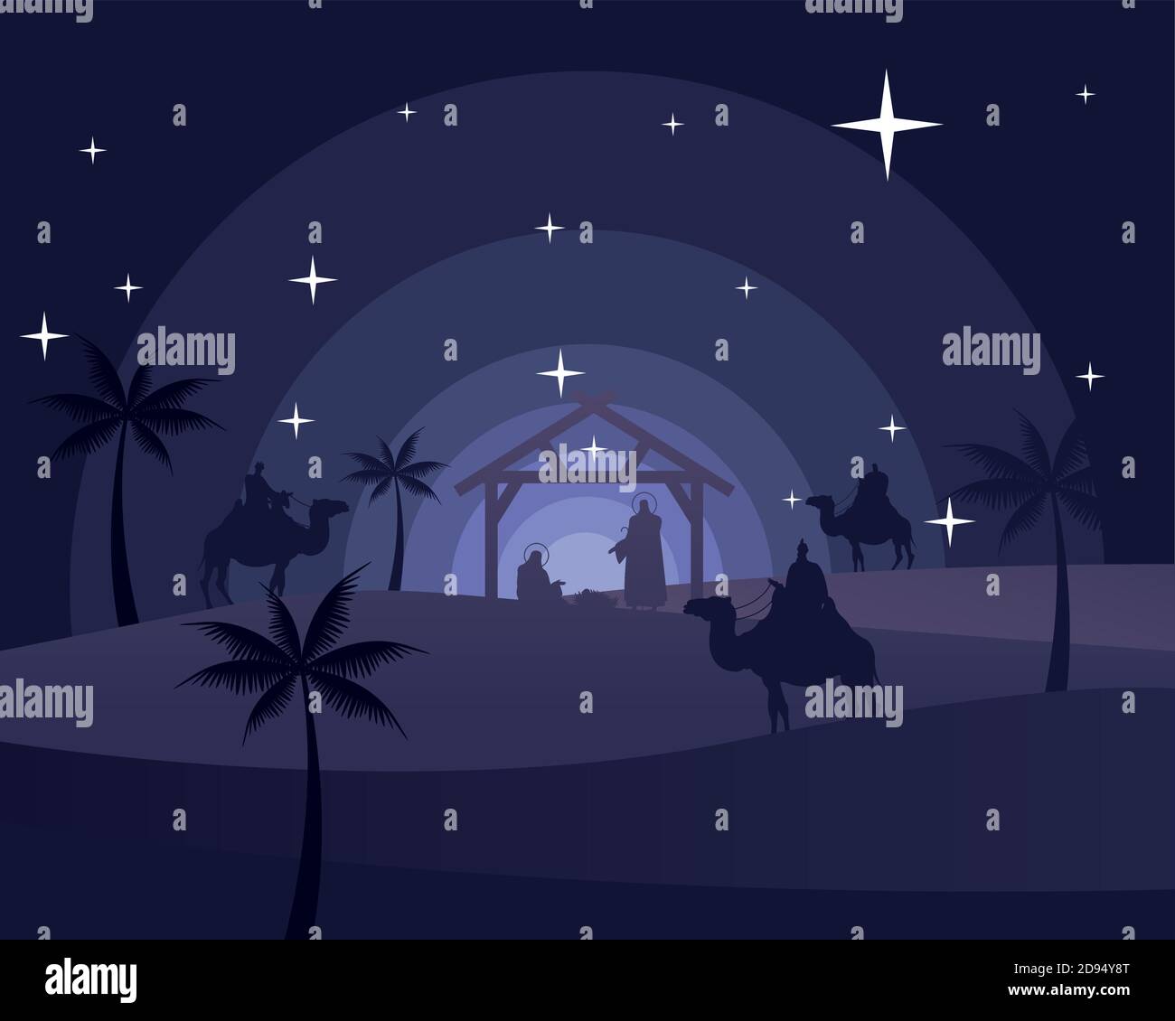 happy merry christmas card with holy family in stable and magic kings ...