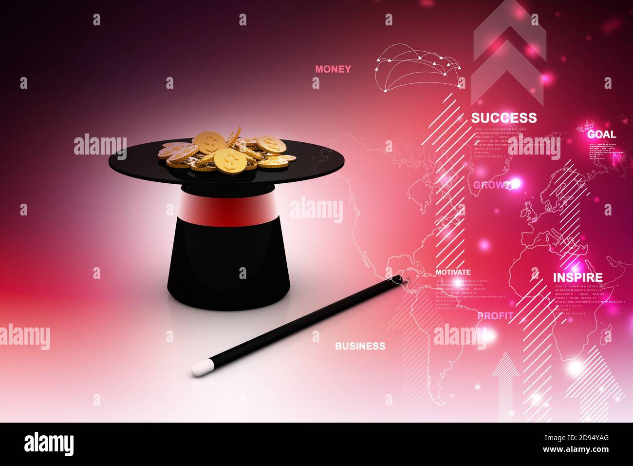 Digital illustration of magic hat and wand with dollar coins in color ...
