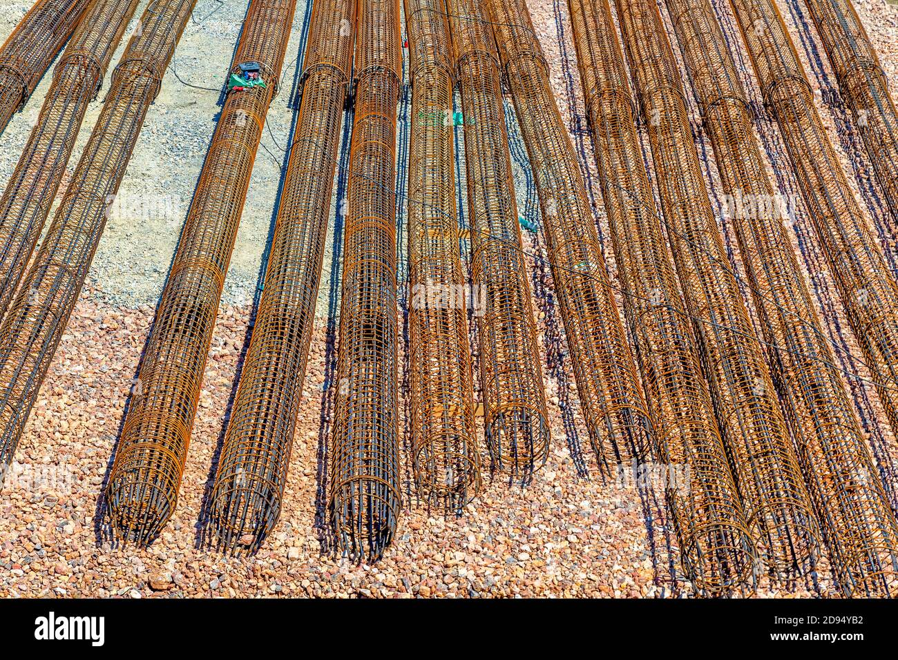 Circular mesh reinforcement for columns of new building. Round column ...