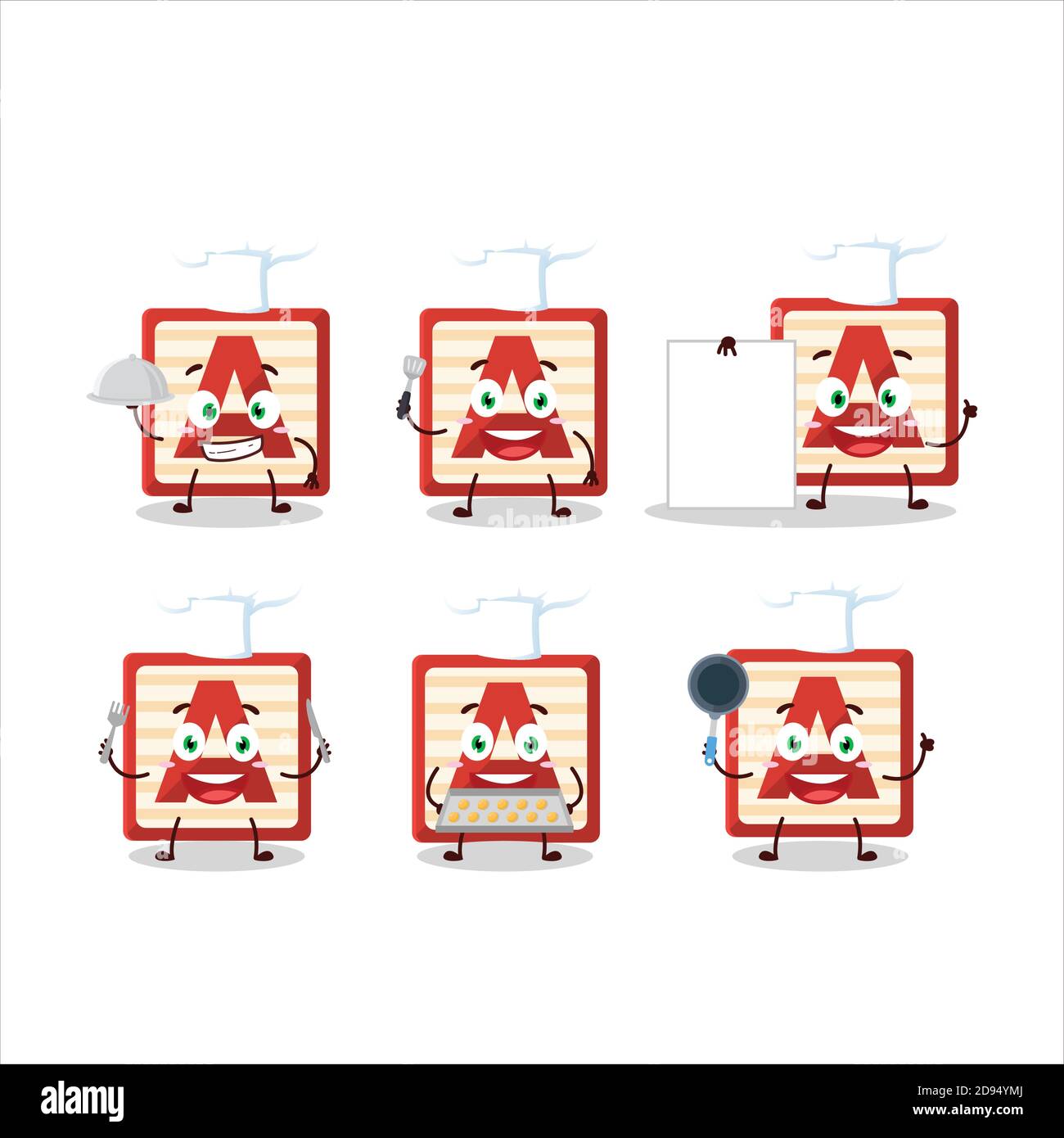Cartoon character of toy block A with various chef emoticons Stock ...
