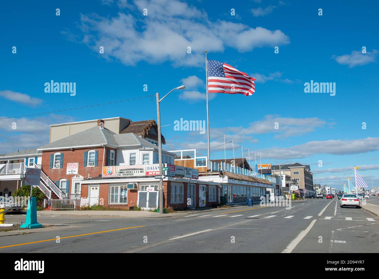 Historic buildings and US National Flag at the corner of Ocean ...