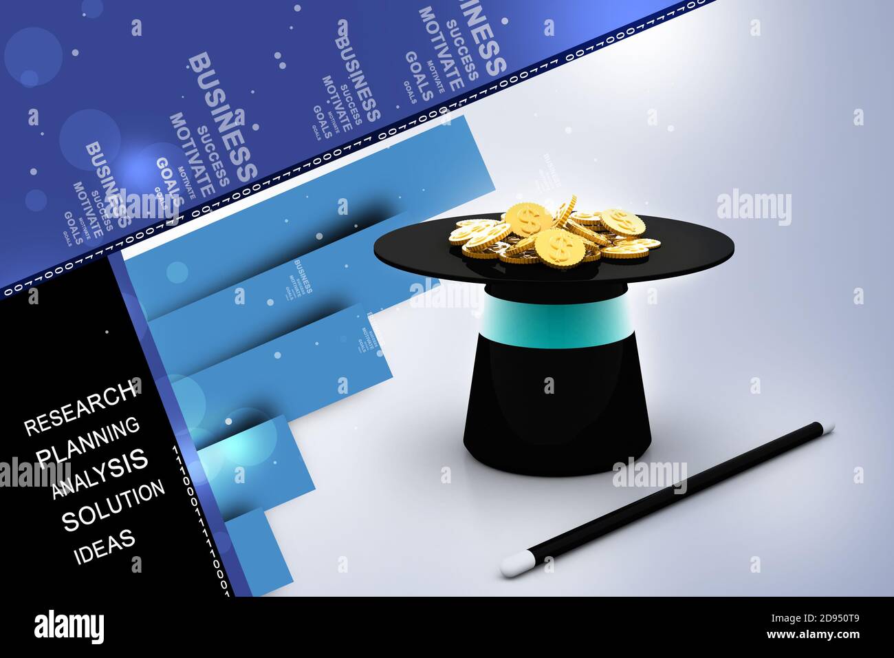 Digital illustration of magic hat and wand with dollar coins in white ...