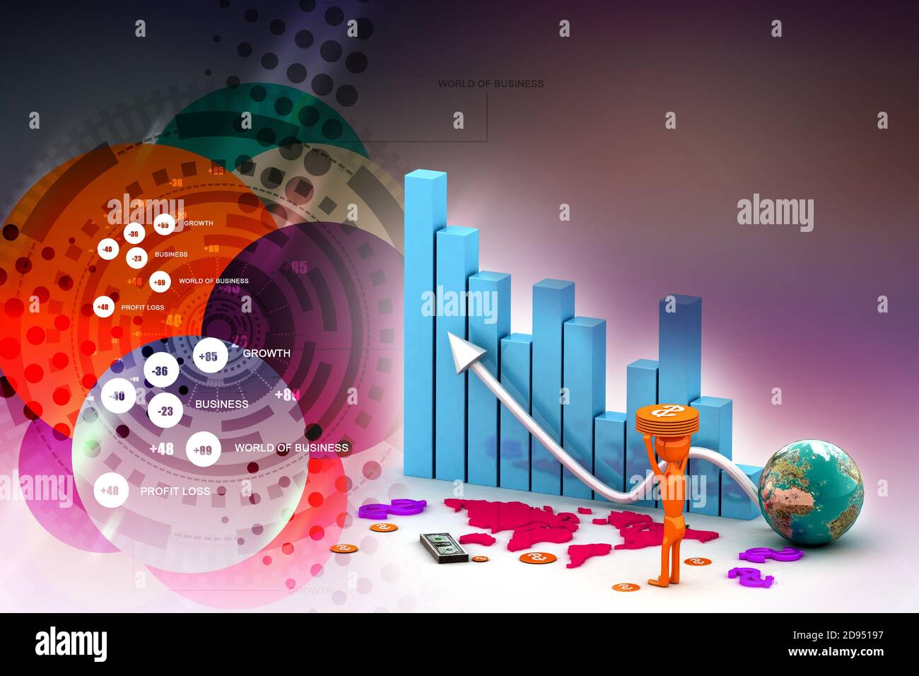 3d business graph with earth and dollars Stock Photo - Alamy