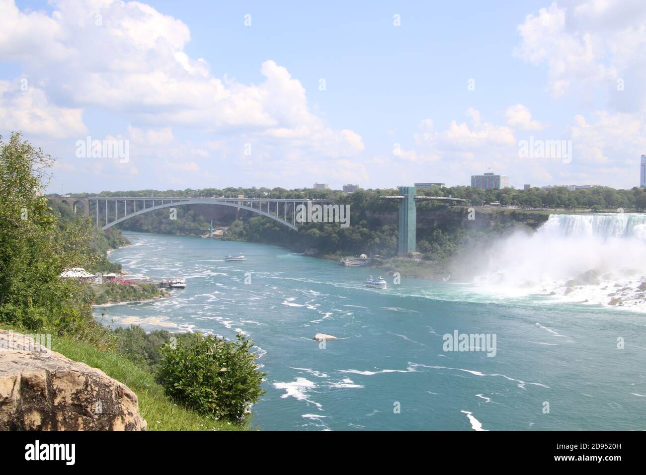 A view of the Niagara falls with a bridge spanning the river on the ...