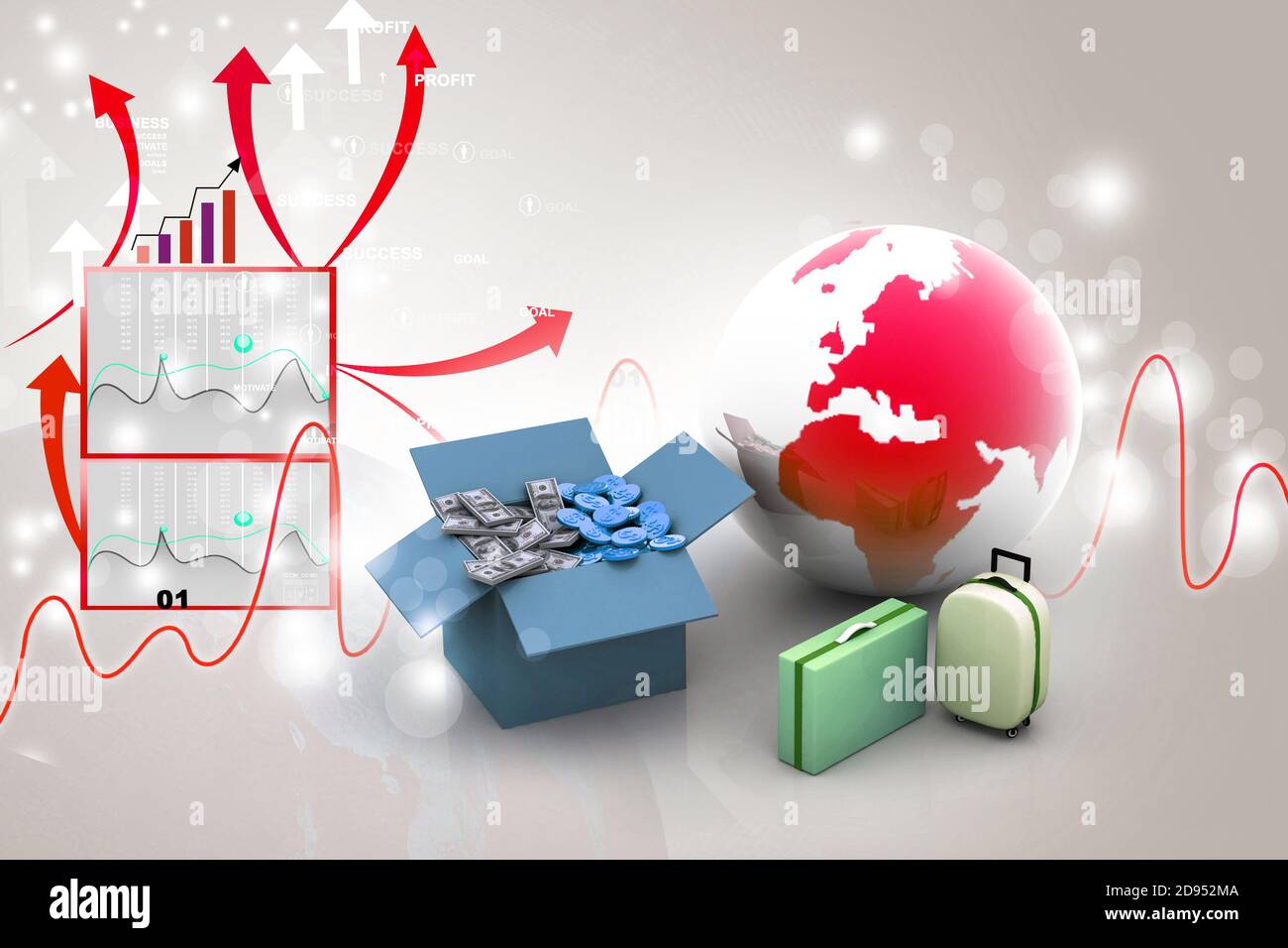 Open Cardboard box money with globe and suitcases Stock Photo - Alamy