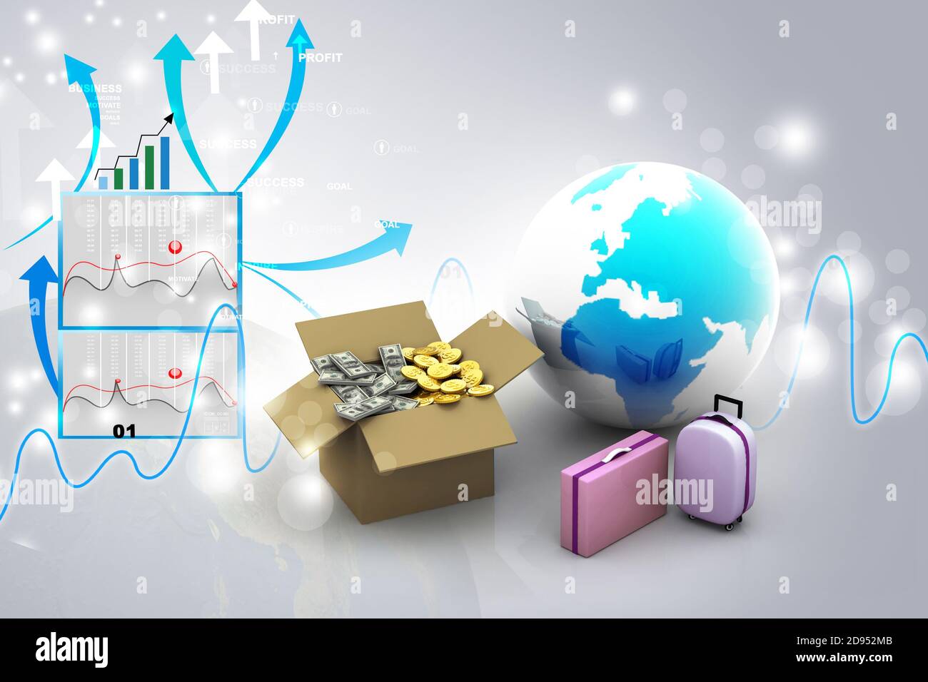 Open Cardboard box money with globe and suitcases Stock Photo - Alamy